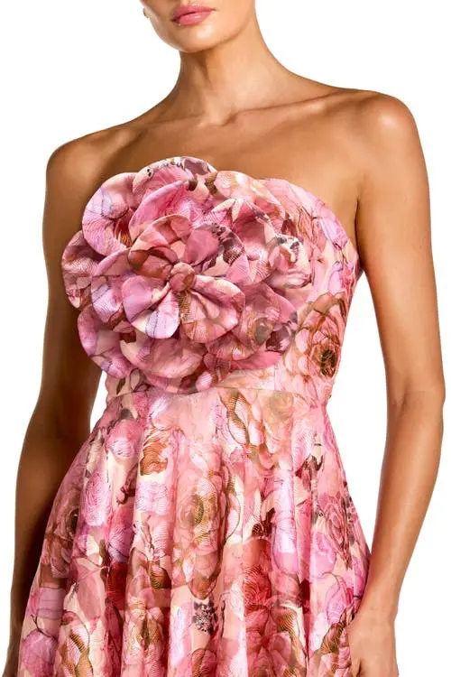 Mac Duggal Strapless Floral Organza Gown With 3d Flower Detail