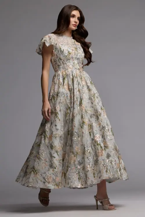 Mac Duggal Sequin Embroidered Midi Dress