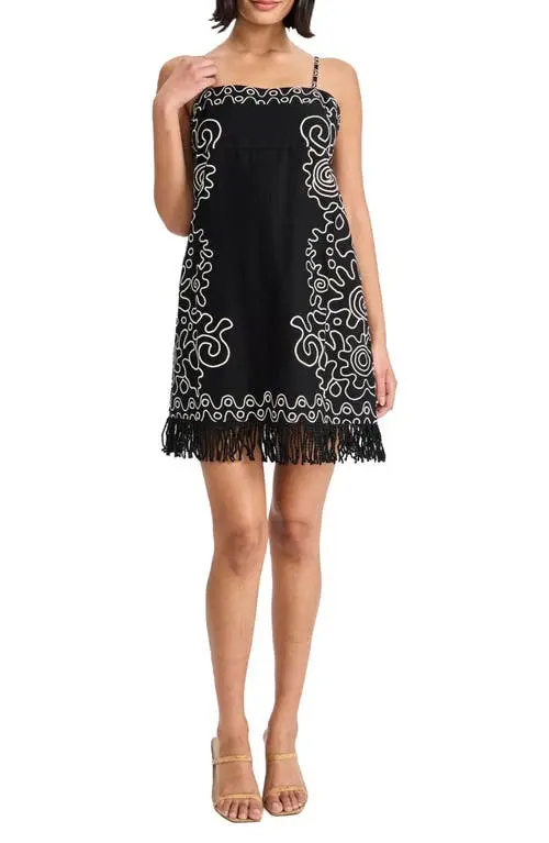 THE GOOD JOURNEY Embroidered Fringe Trim Sleeveless Mini Dress - Black/cream