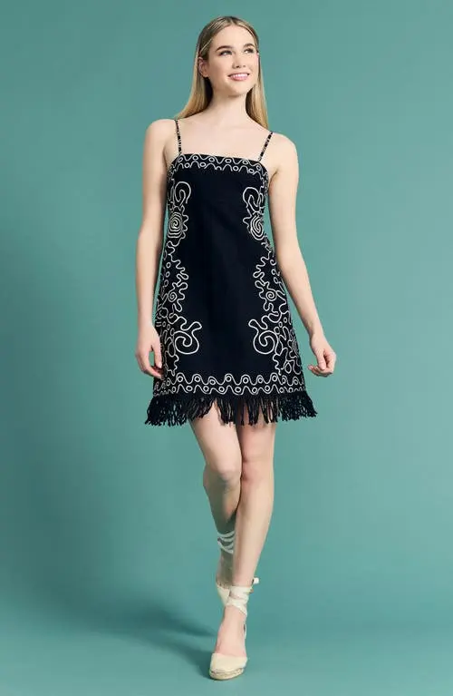 THE GOOD JOURNEY Embroidered Fringe Trim Sleeveless Mini Dress