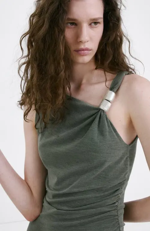 Mango Sleeveless Asymmetrical Neck Midi Dress With Ruching