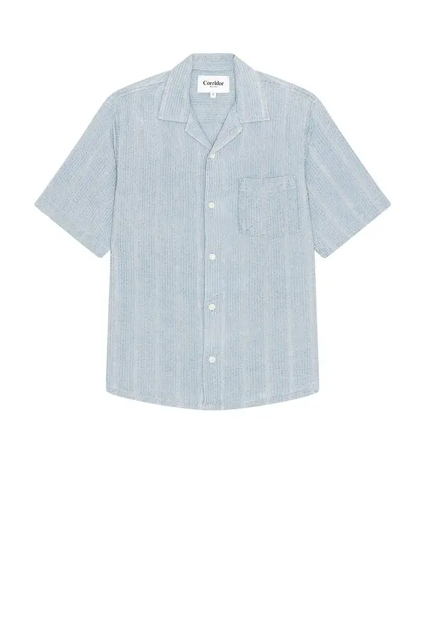 CORRIDOR Striped Seersucker Short Sleeve Shirt In Blue - Indigo
