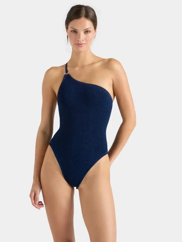Hunza G Clara One-shoulder Swimsuit With Gold Hoop - Navy