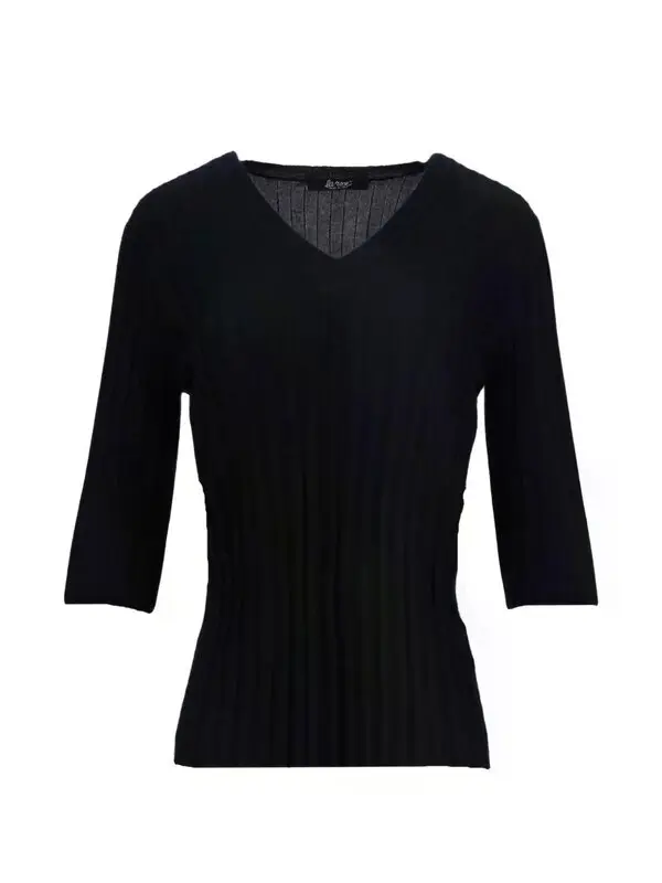 LA ROSE Ribbed Knit V-neck Top - Black