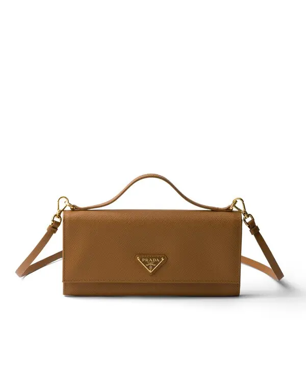 Prada Saffiano Leather Wallet With Shoulder Strap - Caramel