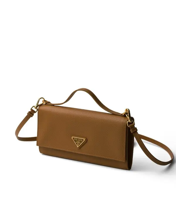 Prada Saffiano Leather Wallet With Shoulder Strap - Caramel
