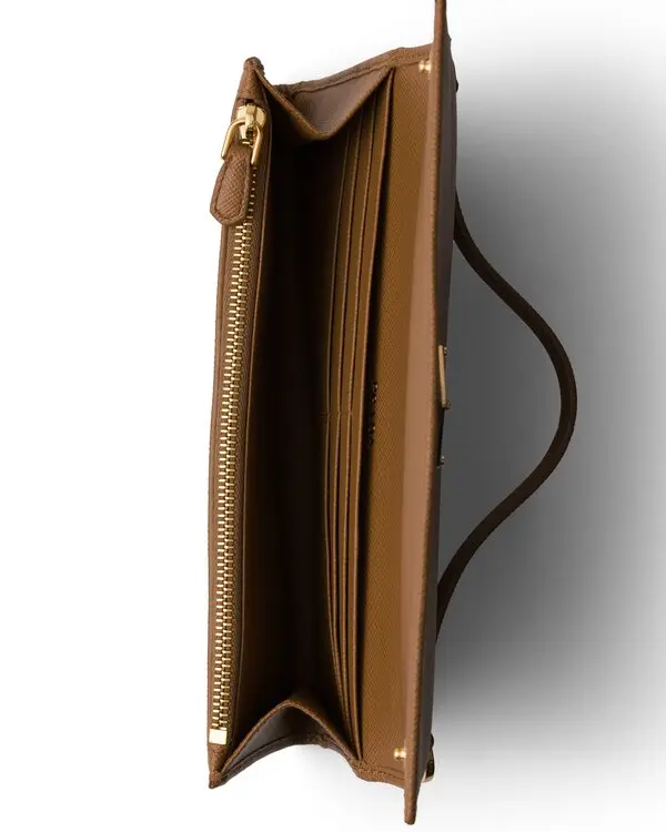 Prada Saffiano Leather Wallet With Shoulder Strap - Caramel