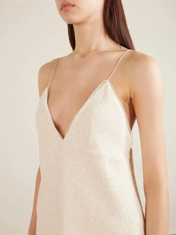 Khaite Timy Cotton-blend Bouclé Camisole With Organza Trim - Neutrals