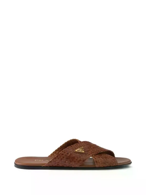 Prada Leather Crisscross Slides - Brown