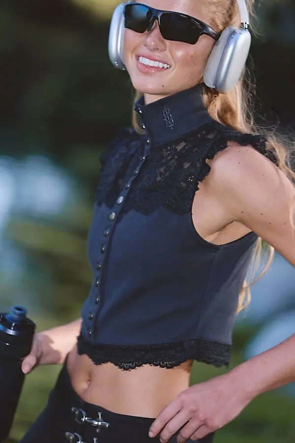 Free People Sleeveless High Neck Lace Trim Cropped Top - Black