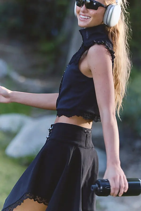 Free People Sleeveless High Neck Lace Trim Cropped Top - Black