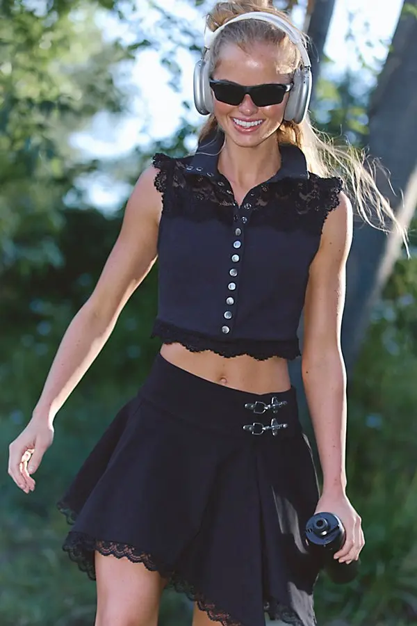 Free People Sleeveless High Neck Lace Trim Cropped Top - Black
