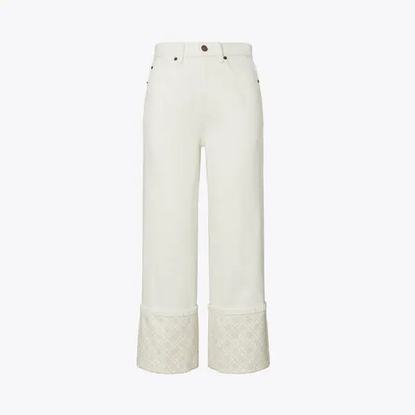 Tory Burch T Monogram Contrast Cuff Cropped Jeans - White
