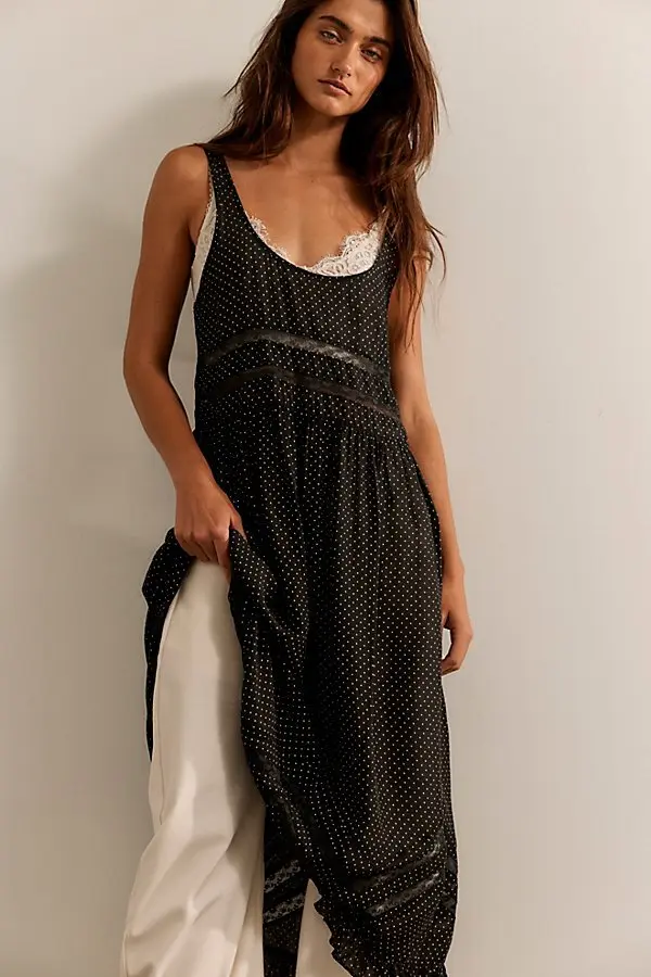 Free People Voile And Lace Midi Slip Dress - Charcoal Combo