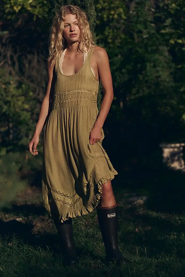 Free People Voile And Lace Midi Slip Dress - Green Combo