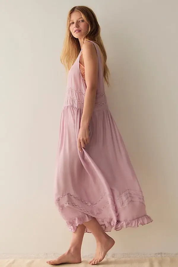 Free People Voile And Lace Midi Slip Dress - Lilac Combo
