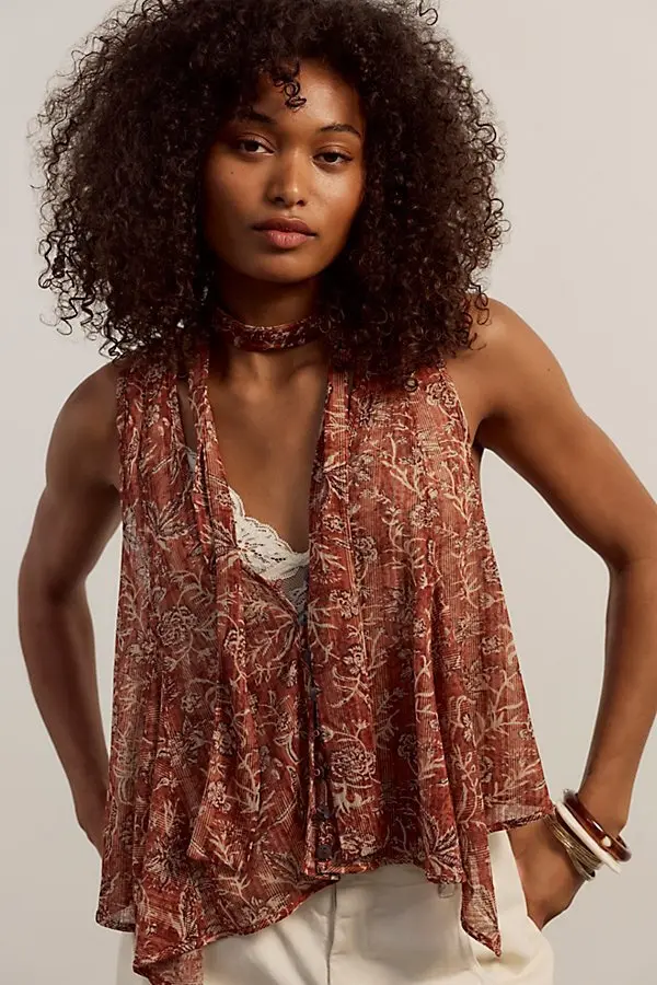 Free People Leanne Floral Print Sleeveless V-neck Chiffon Top - Chestnut Combo