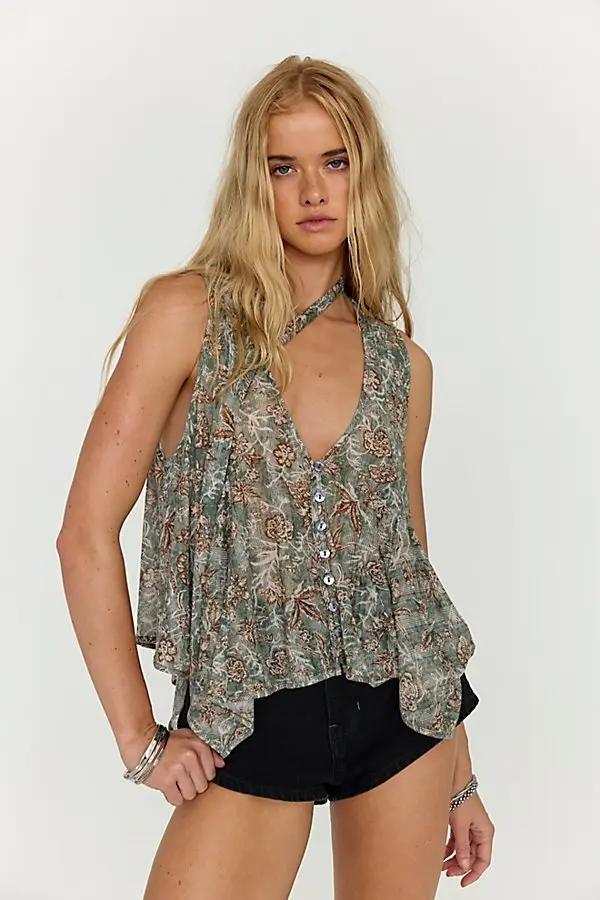 Free People Leanne Floral Print Sleeveless V-neck Chiffon Top - Sage Combo