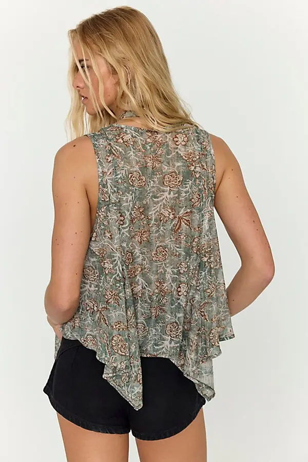 Free People Leanne Floral Print Sleeveless V-neck Chiffon Top - Sage Combo