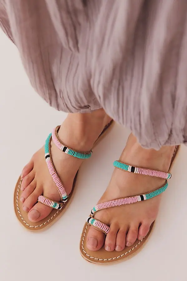 LAIDBACK LONDON Diani Beaded Leather Sandals - Light Brown Leather Black