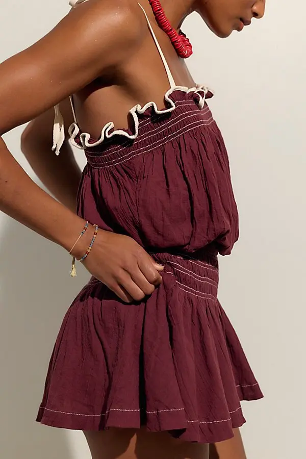 Free People Nellie Romper With Ruffle Trim And Contrast Stitching - Chocolate Truffle
