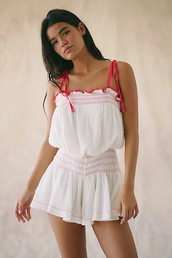 Free People Nellie Romper With Ruffle Trim And Contrast Stitching - Sugar Swizzle