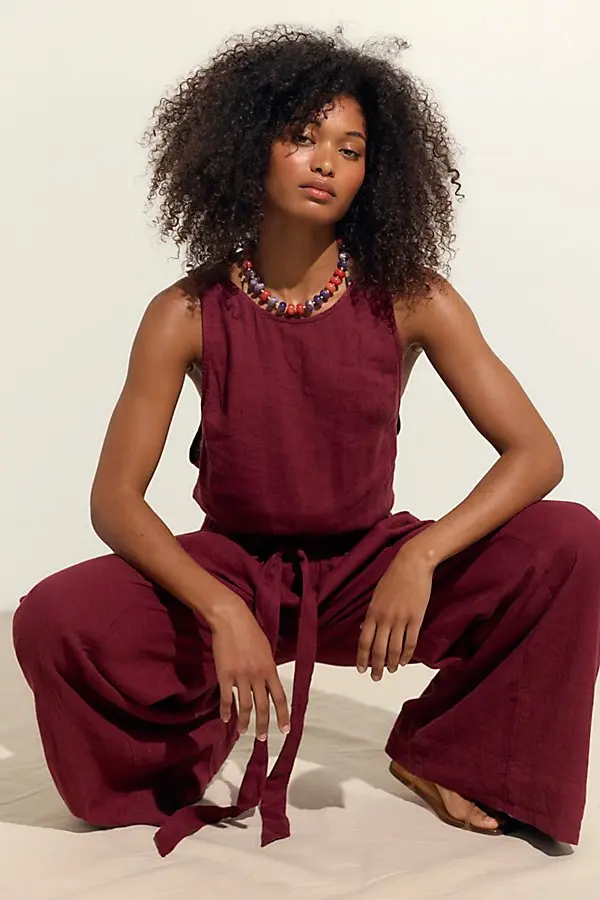 Free People Linden Linen One-piece Jumpsuit - Chocolate Truffle
