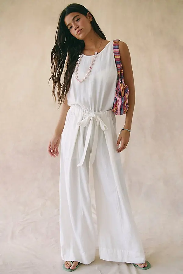Free People Linden Linen One-piece Jumpsuit - Clean Ivory