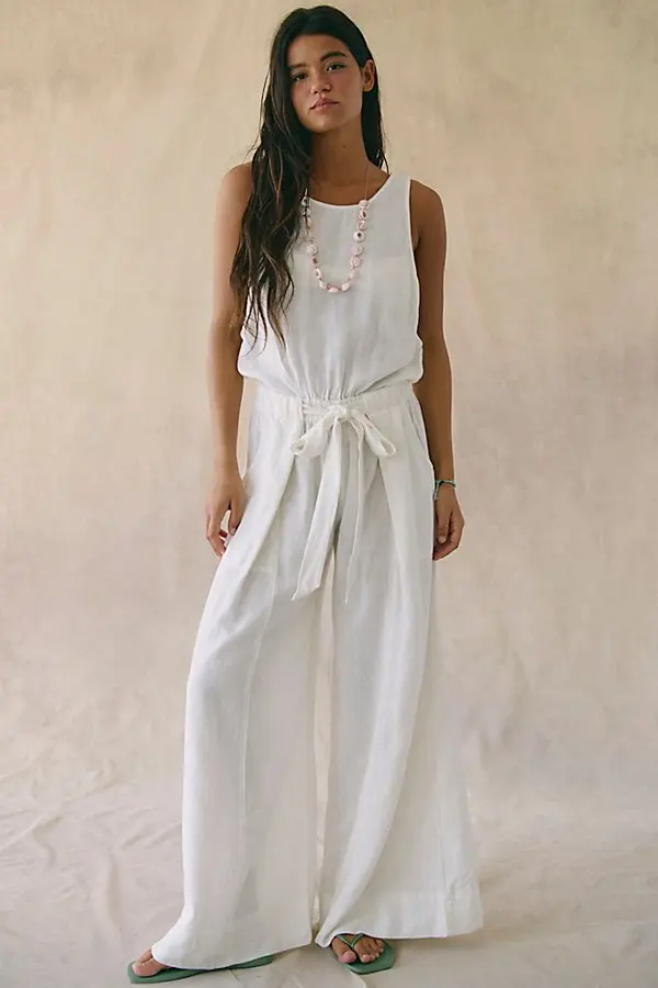 Free People Linden Linen One-piece Jumpsuit - Clean Ivory