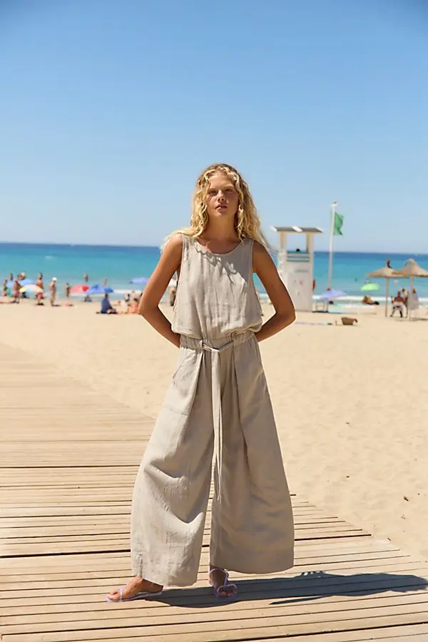 Free People Linden Linen One-piece Jumpsuit - Grey Fern