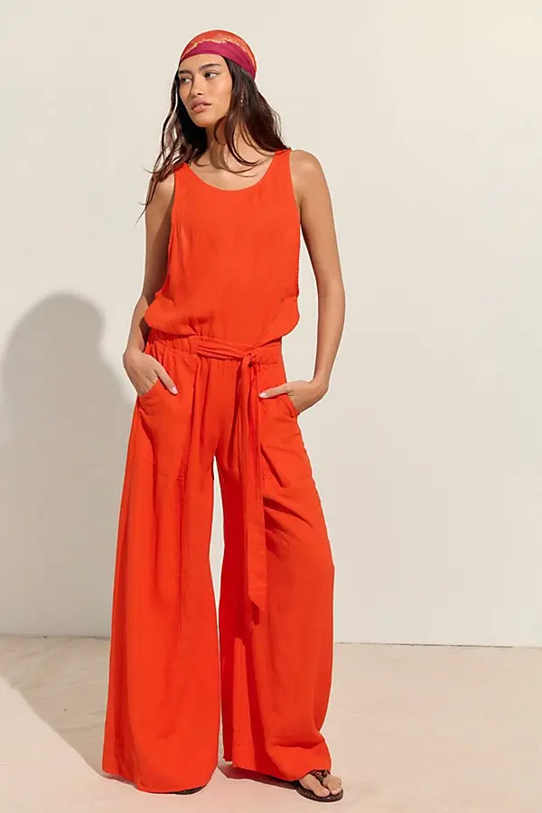 Free People Linden Linen One-piece Jumpsuit - Mandarin Red