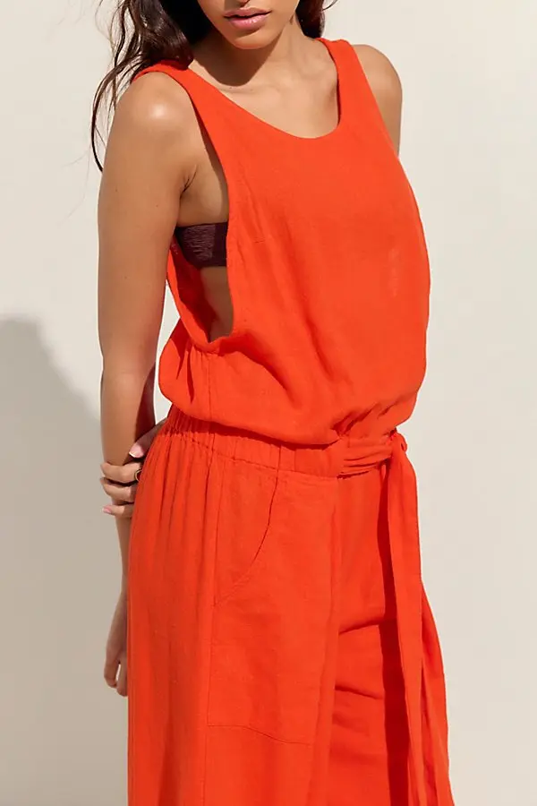 Free People Linden Linen One-piece Jumpsuit - Mandarin Red