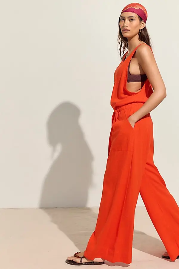 Free People Linden Linen One-piece Jumpsuit - Mandarin Red