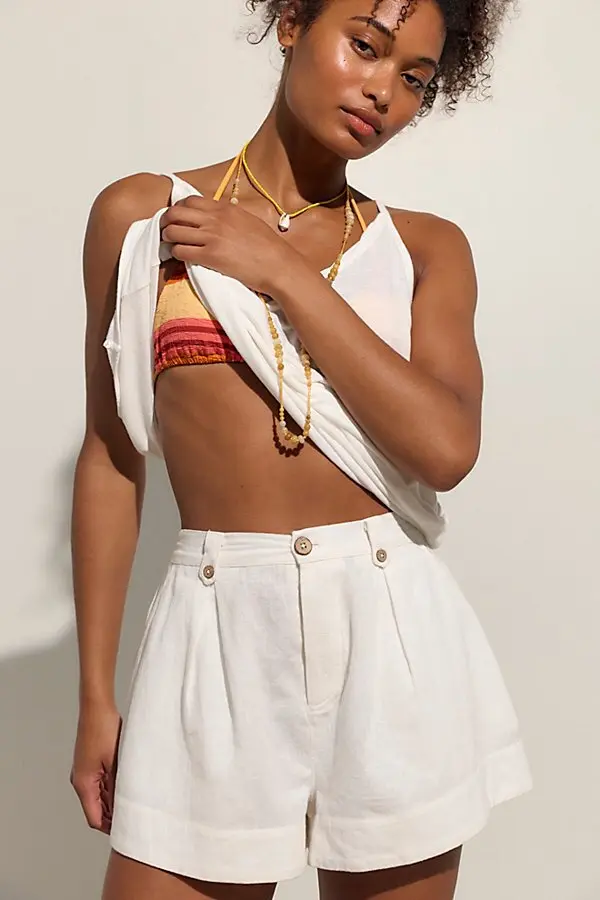 Free People Linen Shorts With Pleated Detail And Button Fly - Sugar Swizzle