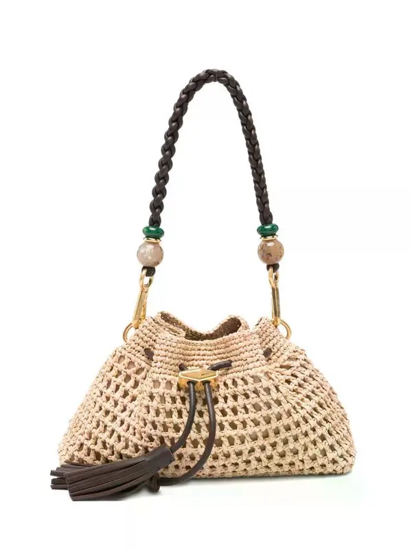 JIMMY CHOO Small Crochet Raffia Tote Bag With Tassel Detail - Brown