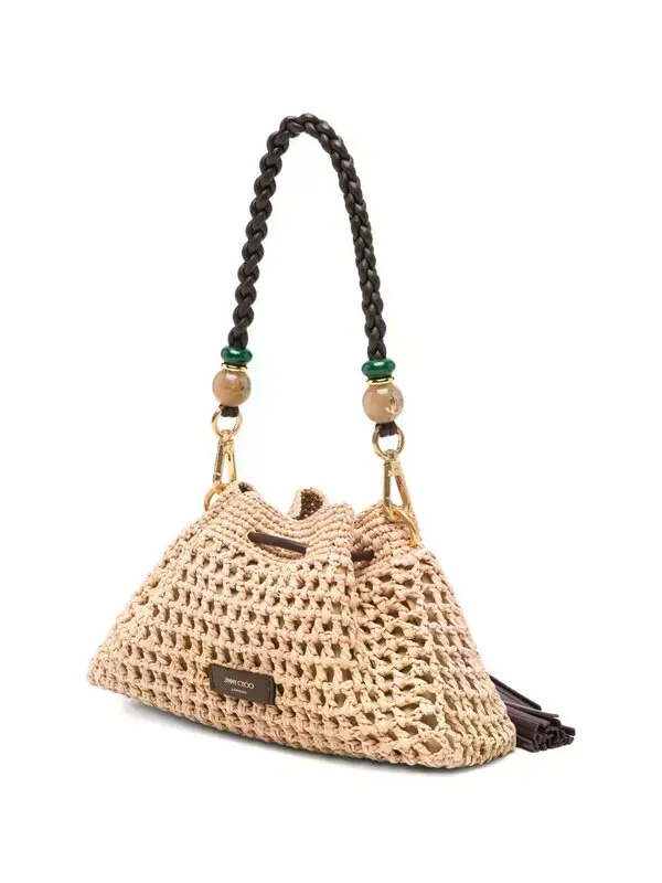 JIMMY CHOO Small Crochet Raffia Tote Bag With Tassel Detail - Brown