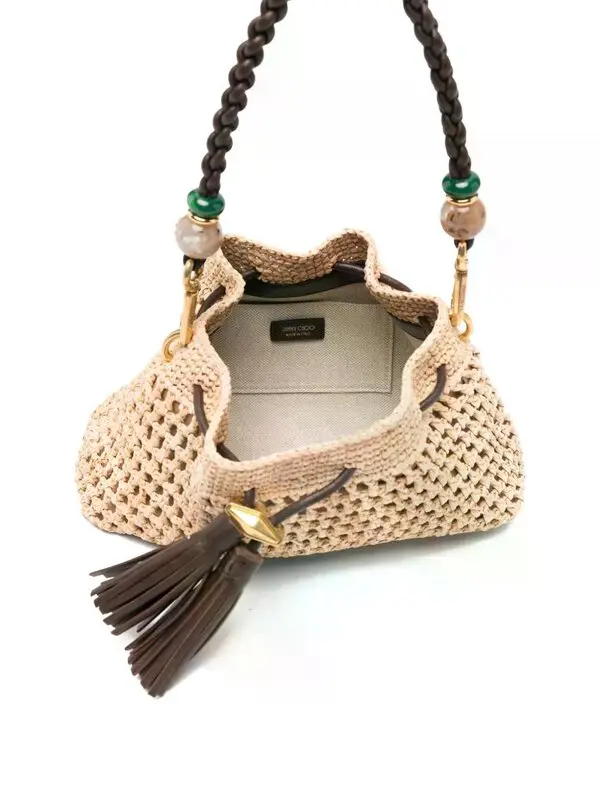 JIMMY CHOO Small Crochet Raffia Tote Bag With Tassel Detail - Brown