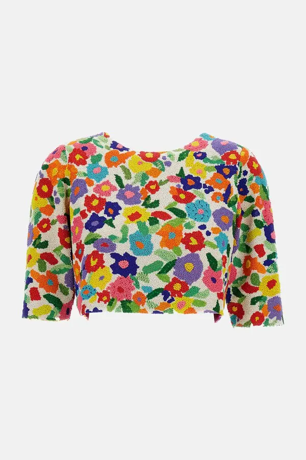 Pero Embroidered Floral Beaded Cropped Top