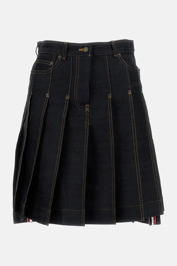 Thom Browne Pleated Denim Skirt With Contrast Stitching - Blue