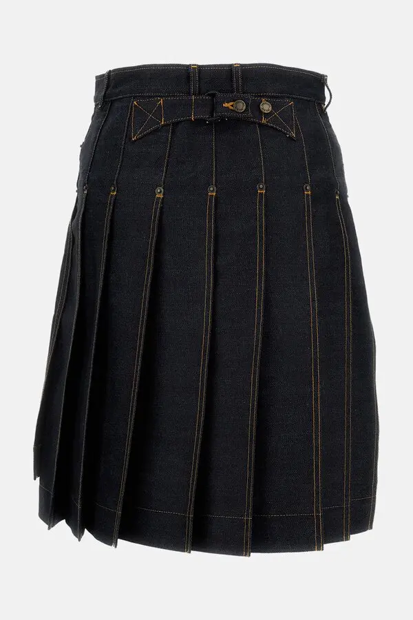 Thom Browne Pleated Denim Skirt With Contrast Stitching