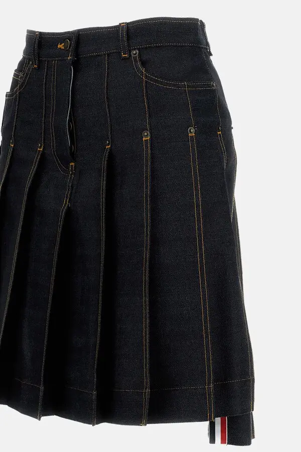 Thom Browne Pleated Denim Skirt With Contrast Stitching