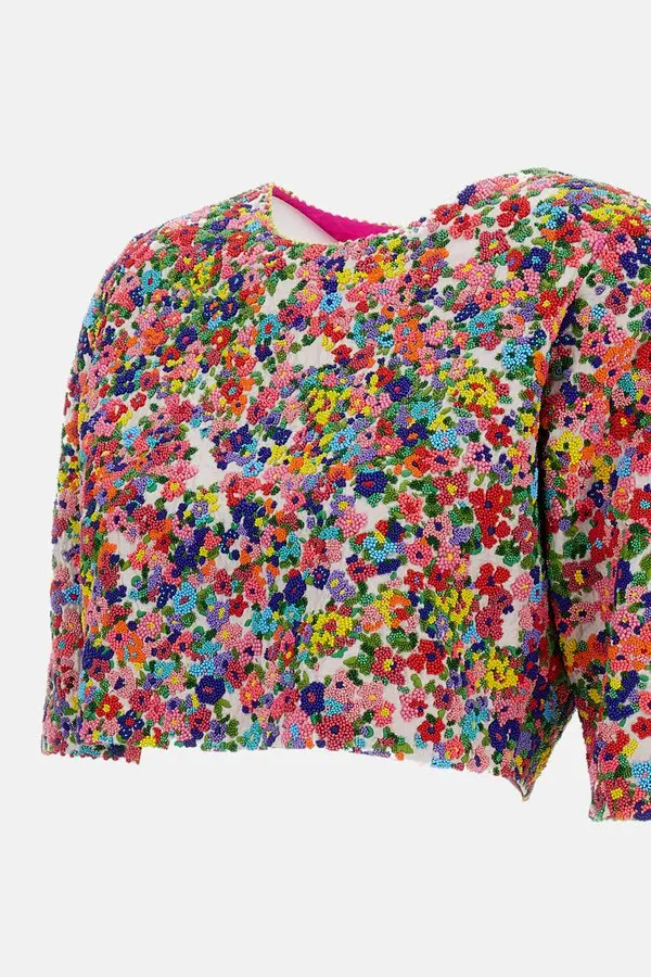 Pero Embroidered Floral Beaded Cropped Top