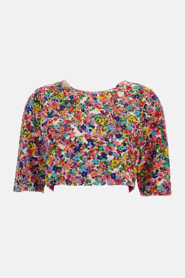 Pero Embroidered Floral Beaded Cropped Top