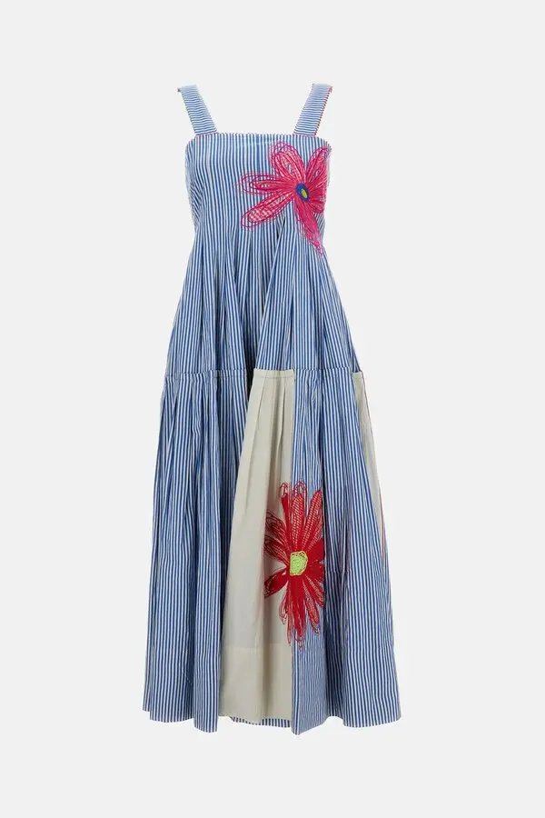 Pero Striped Cotton Maxi Dress With Embroidered Flower Detail - Multicolor