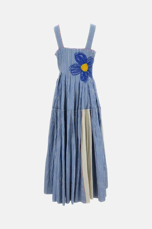 Pero Striped Cotton Maxi Dress With Embroidered Flower Detail - Multicolor