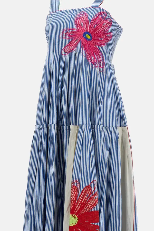 Pero Striped Cotton Maxi Dress With Embroidered Flower Detail - Multicolor