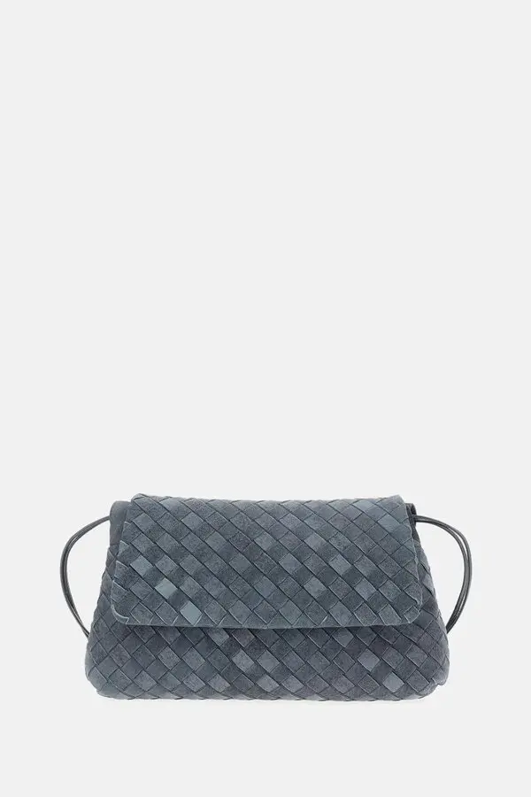 Bottega Veneta Suede Day Bag With Intrecciato Weave - Sky Blue