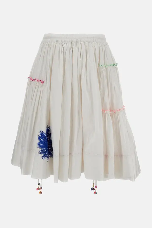 Pero Tiered Cotton Skirt With Embroidered Appliqués And Pom-poms