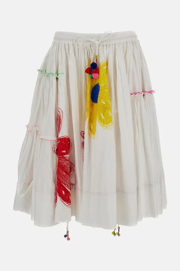 Pero Tiered Cotton Skirt With Embroidered Appliqués And Pom-poms - White