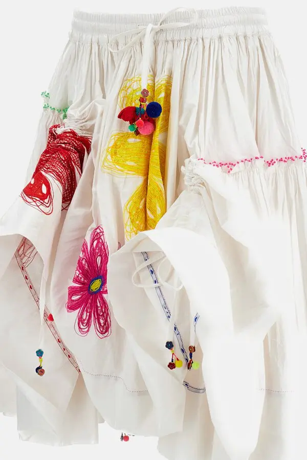 Pero Tiered Cotton Skirt With Embroidered Appliqués And Pom-poms - White